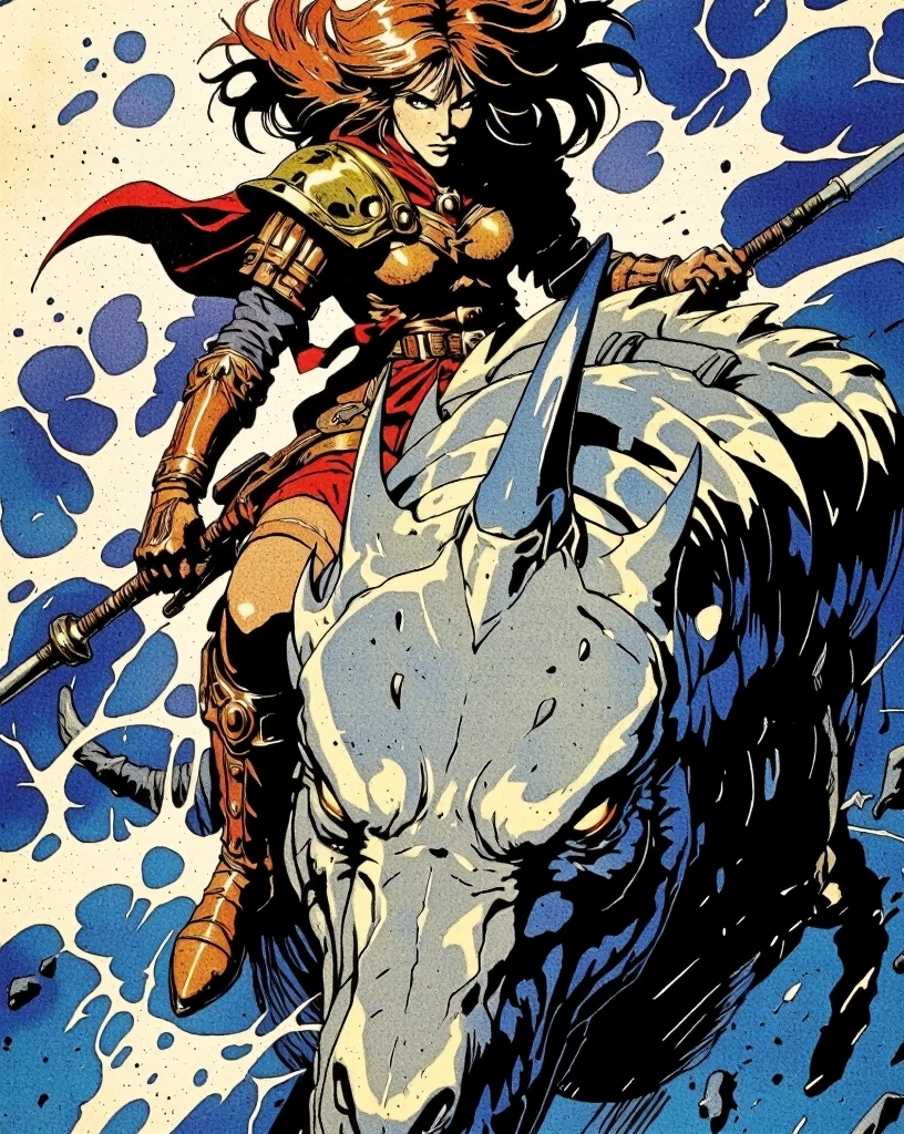 High above the tumultuous landscape, a fierce warrior woman in ...