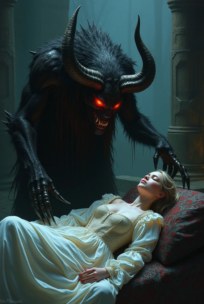 Demon trying to nap a innocent queen in thumbnail size - SeaArt AI