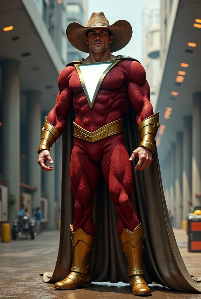 Create a hero Shazam DC character features stately muscular he wears a ...