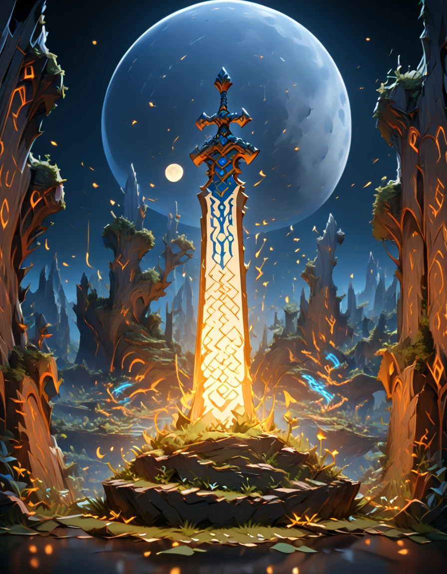 Detailed 8k Blue Runic Sword with Moon in the Background - SeaArt AI