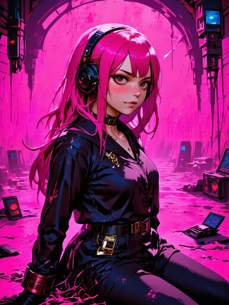Anime girl with pink hair and headphones on a pink background - SeaArt AI
