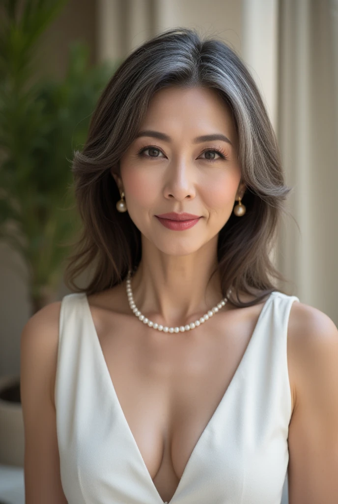 Japanese woman with mixed gray hair , 58 years old, upper class style and matur - SeaArt AI