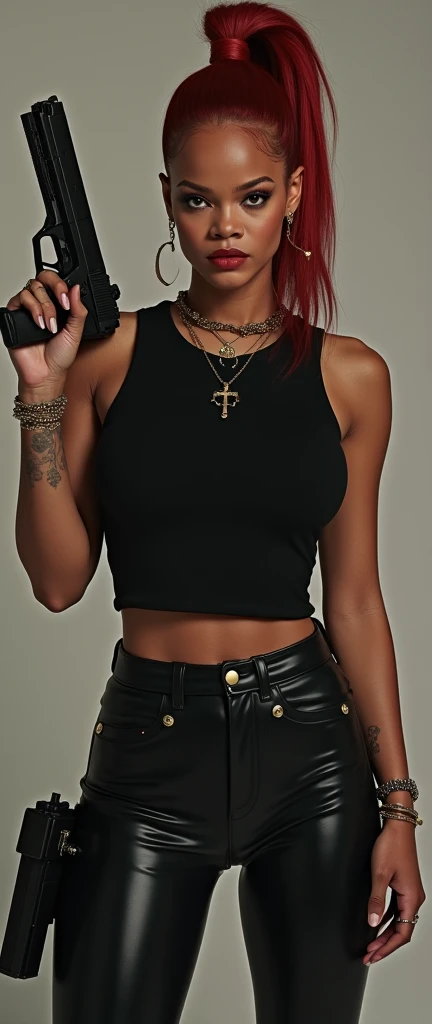 Red-haired Rihanna with her hair tied up in a black sports top with ...