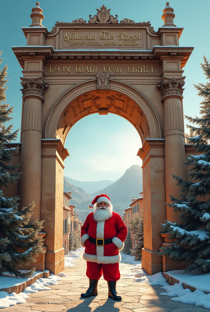 The Roman arch of Roda de Bera , with Santa Claus and Bon Nadal spelled ...