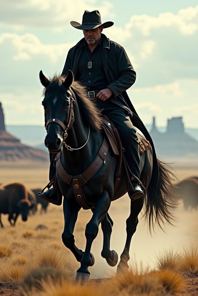 An all-black cowboy , hunting Buffalo with his black horse - SeaArt AI