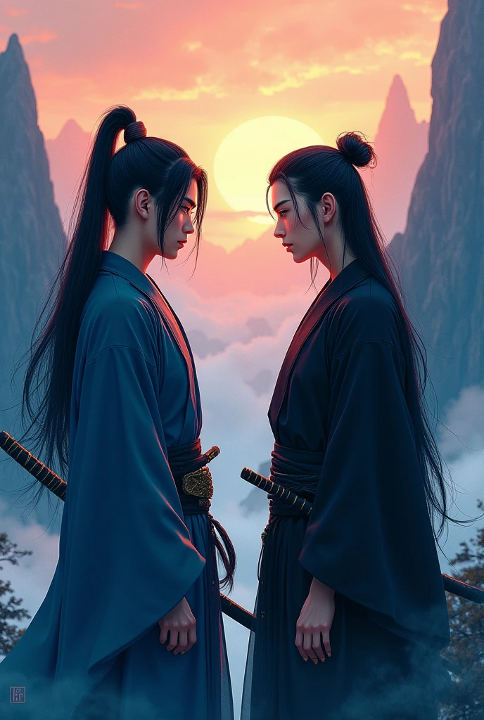 Two Japanese-looking men against the background of the mountains ...