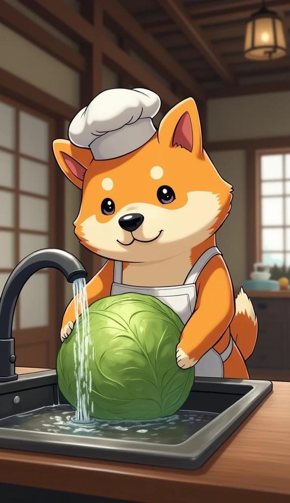 Shiba Inu is washing cabbage in the sink, Shiba Inu is wearing a chef ...