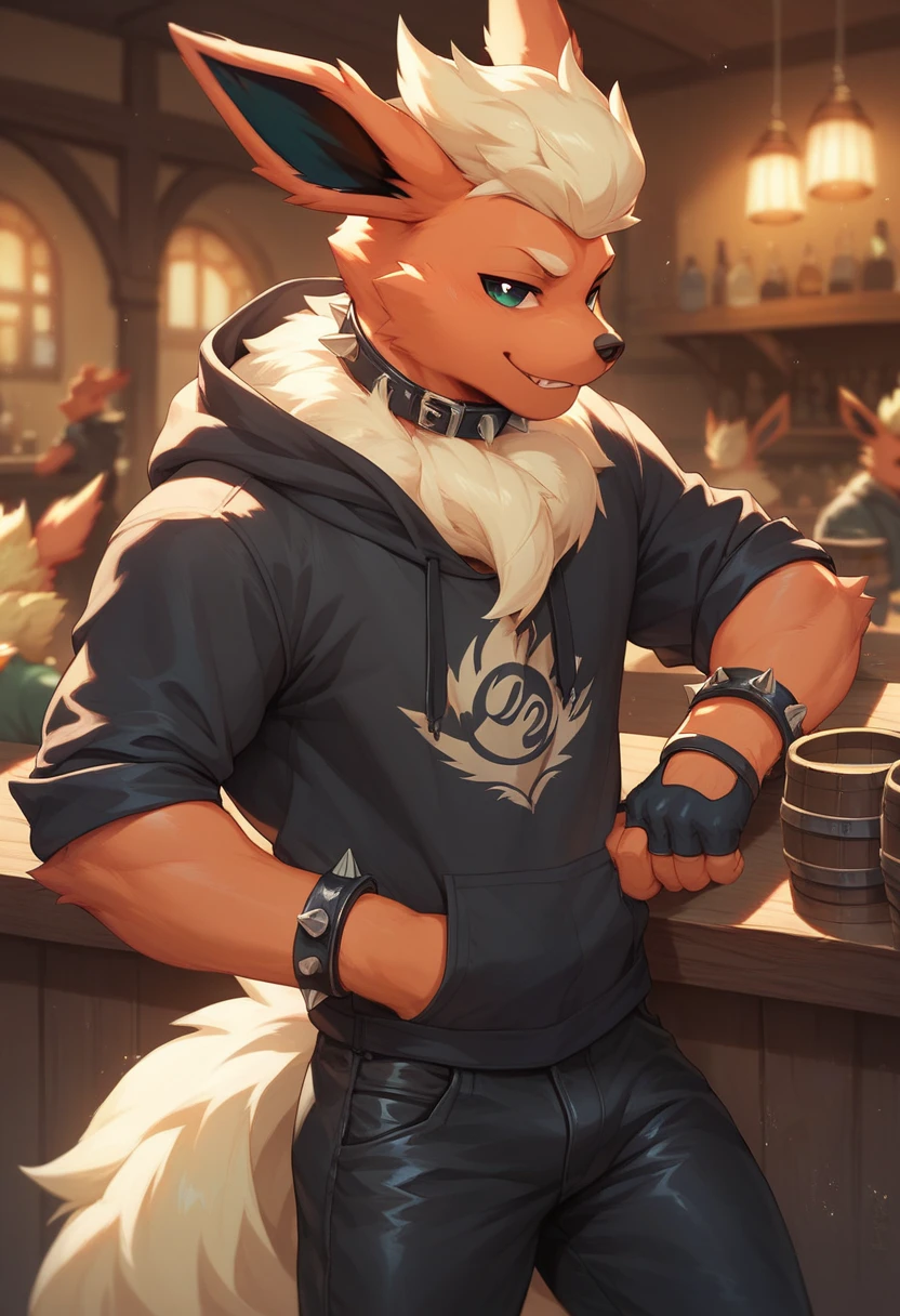 Solo male , furry, flareon, in a tavern, wearing a black hoodie - SeaArt AI