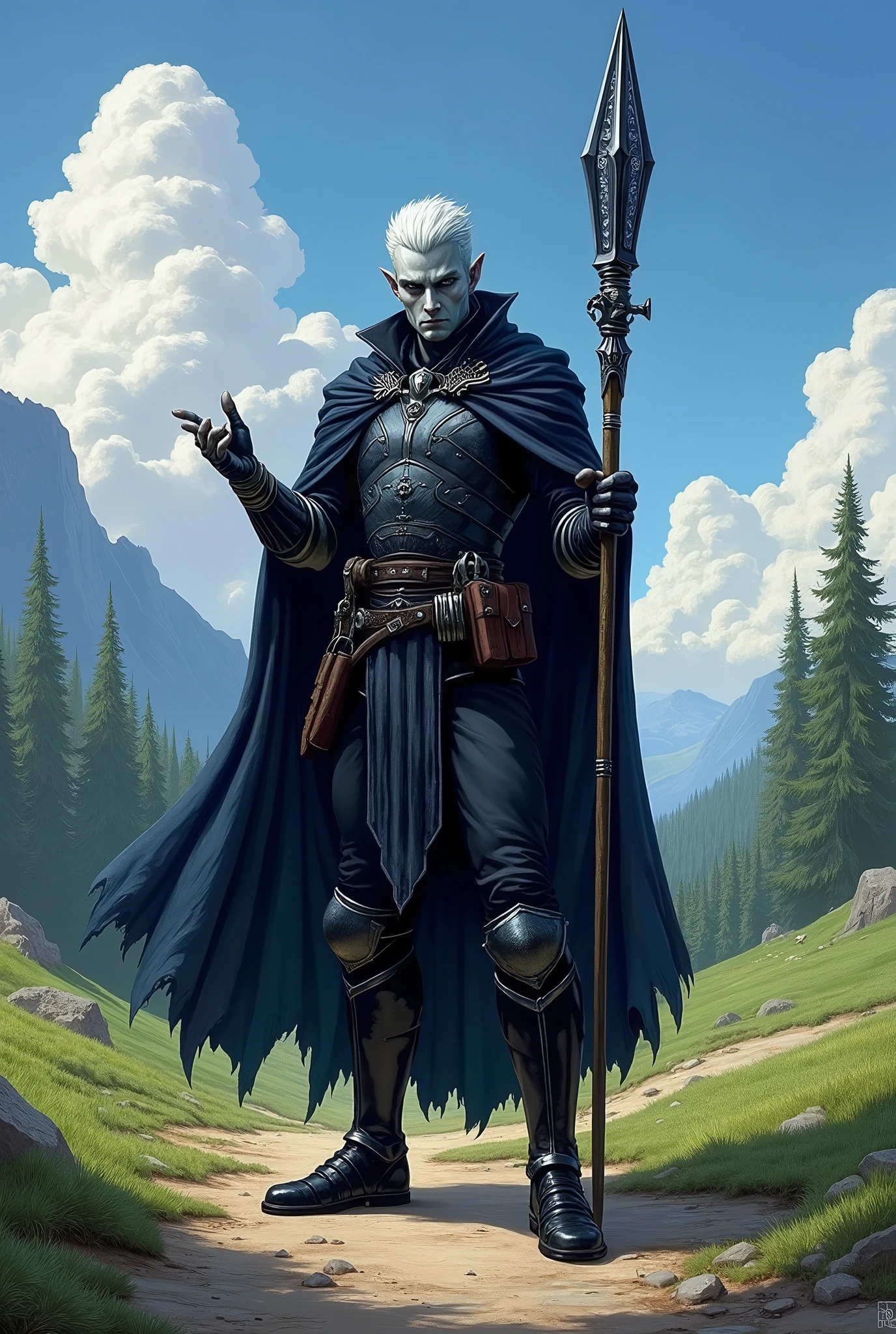 Arafed male in a blue cloak and a black cape holding a sword - SeaArt AI