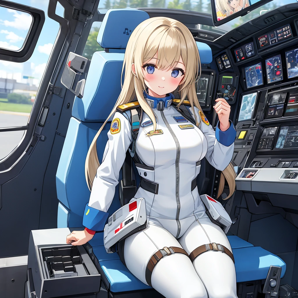 Inside the cockpit of a mobile suit、Beautiful girl in a white pilot ...