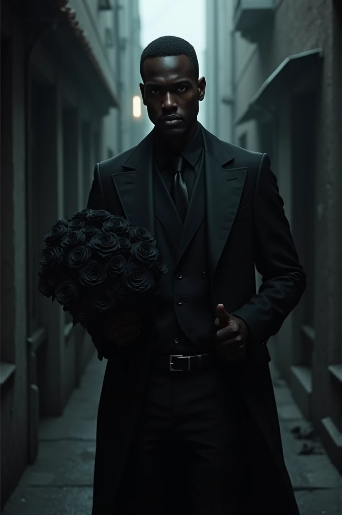 Un homme de teint noir en costume full black dans une ruelle sombre ...
