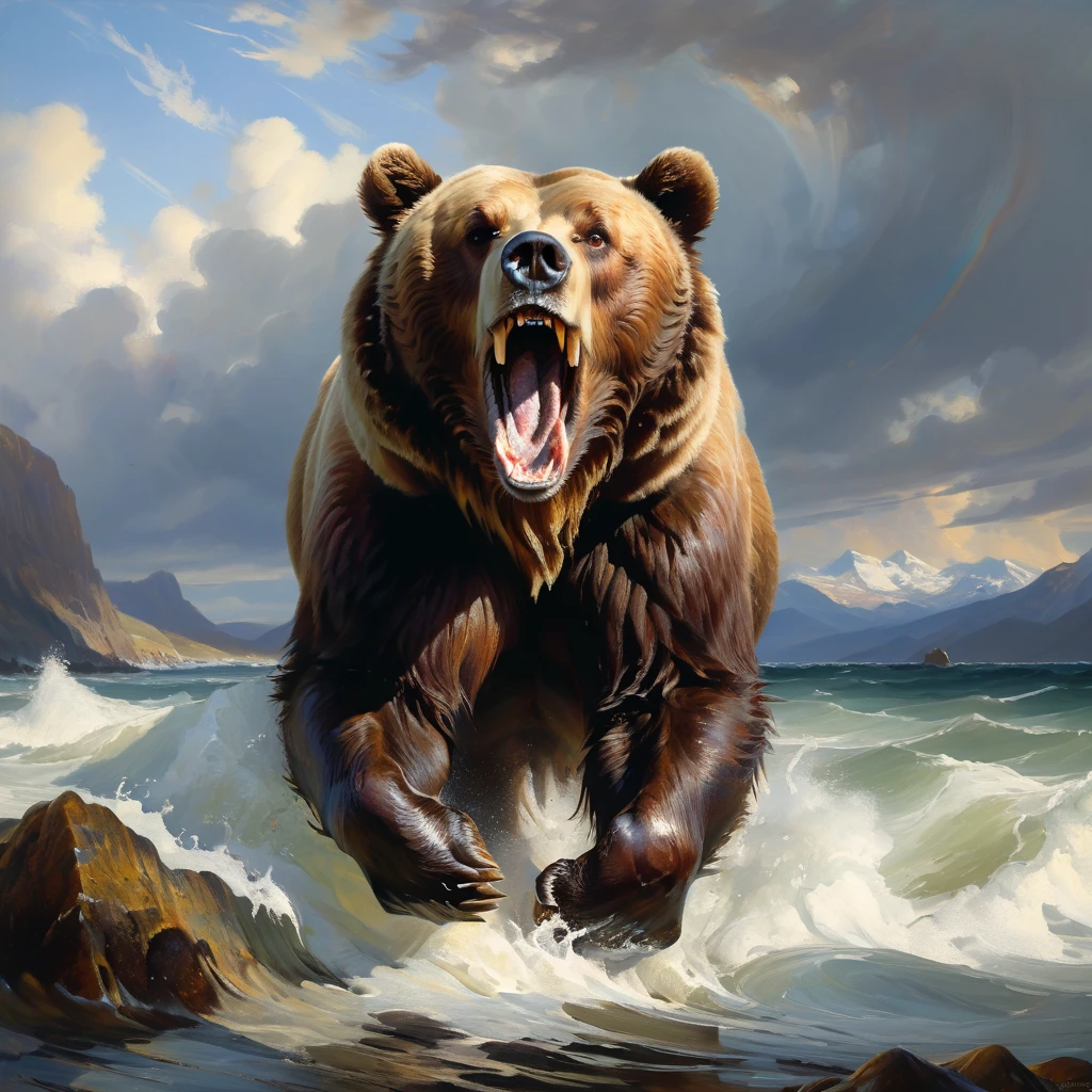Centered, a strong dark grizzly bear incoming from the sea, with ribs ...
