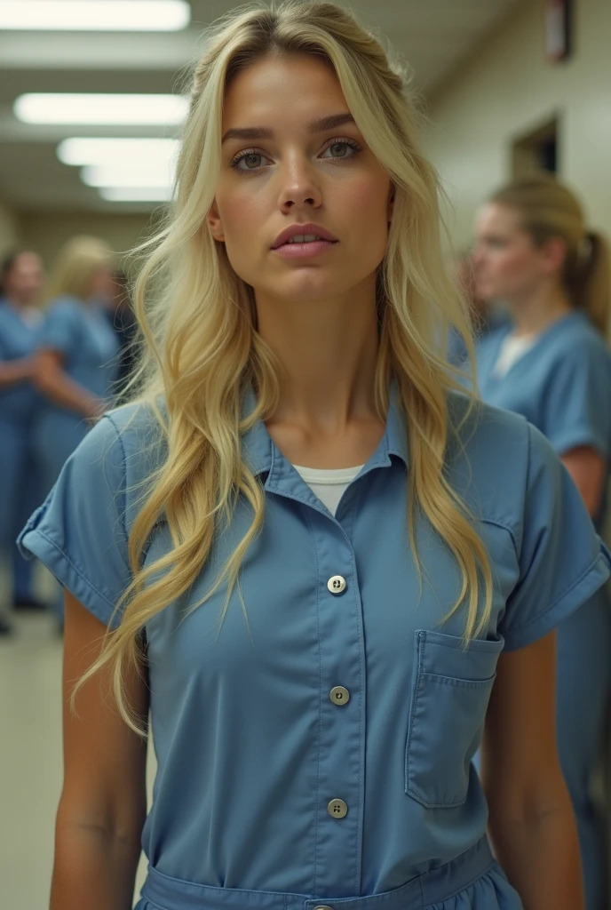 A woman with long wavy blonde hair, brown eyes, pink lips and a pretty ...