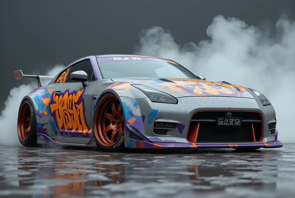 A custom-painted gray Nissan sports car, positioned slightly off ...