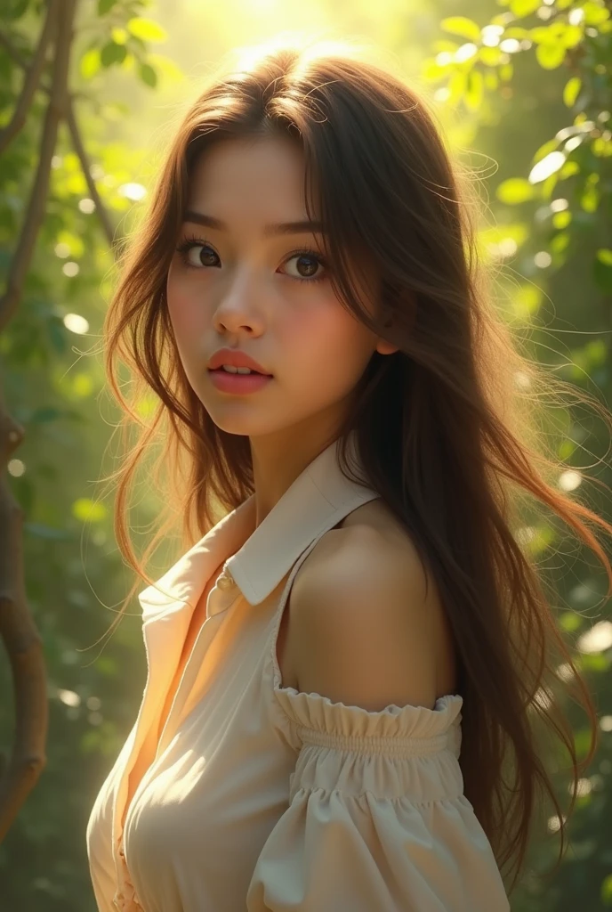 Pichika,1girl,solo, sunlight, collared shirt, upper body, - SeaArt AI