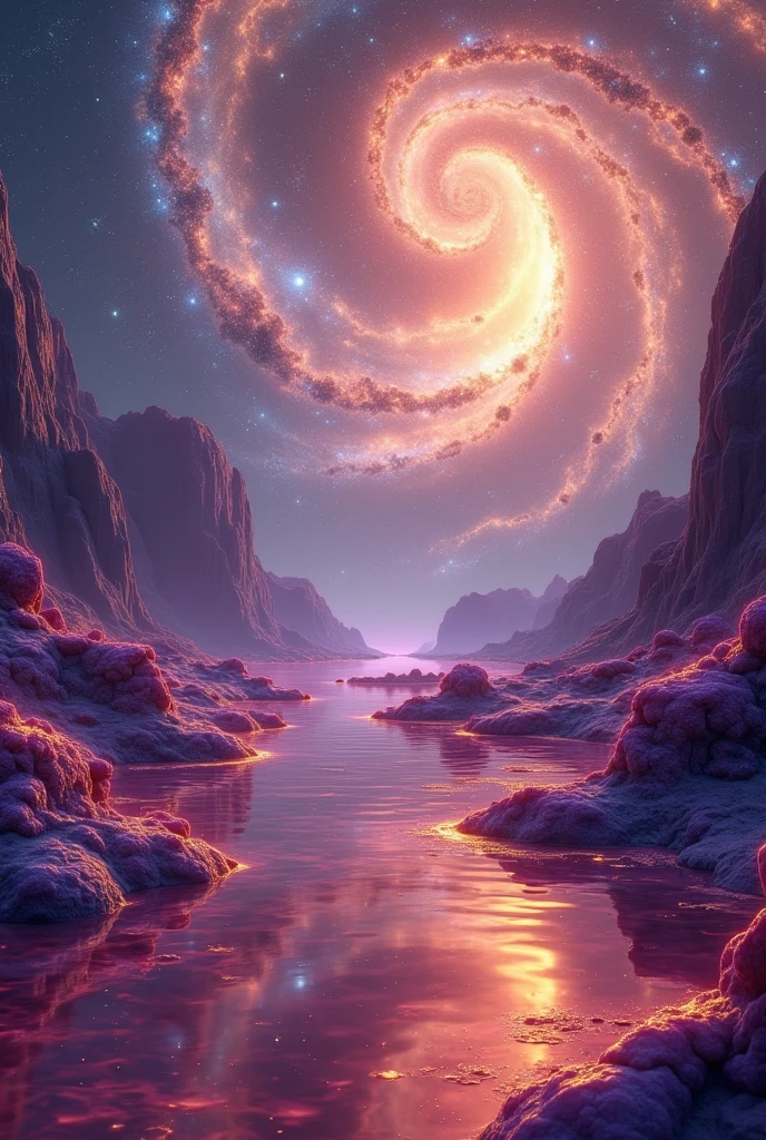 Give me a picture prompt of a galaxy, gold, water, candy, lava - SeaArt AI