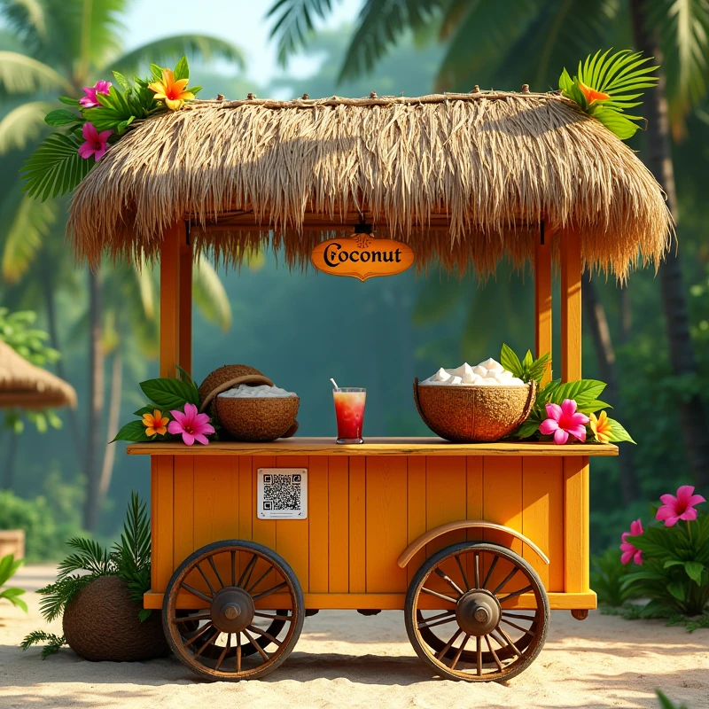 Draw me a mobile coconut cart, with a coconut shell bin and a QR code ...