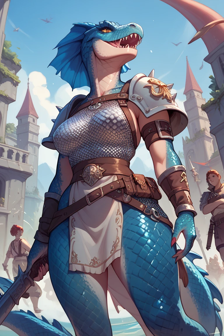Female blue lizardfolk with chainmail, Warhammer - SeaArt AI