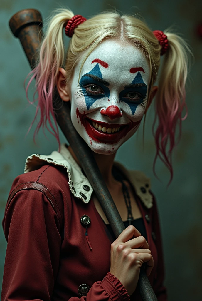 A very young Harley Quinn , faded and worn clown makeup - SeaArt AI