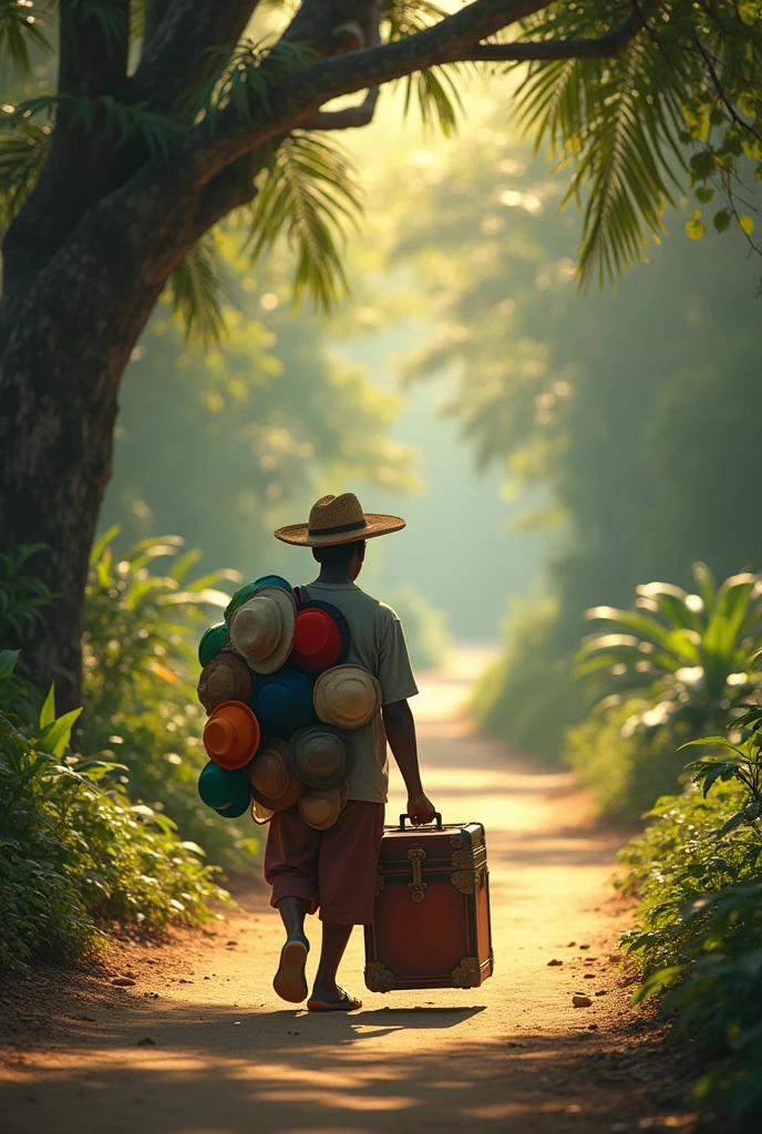 A tired hat seller trudged along a dusty road carrying a trunk full of ...