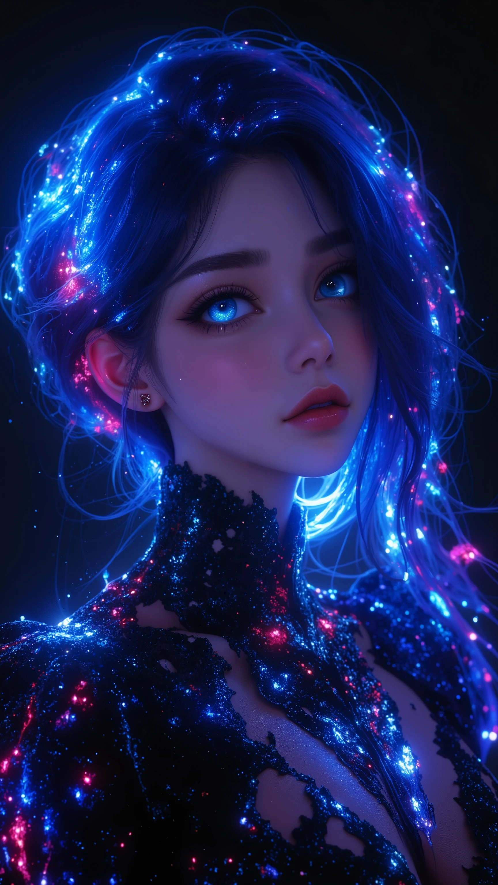 A close up of a woman with blue hair and a black dress - SeaArt AI