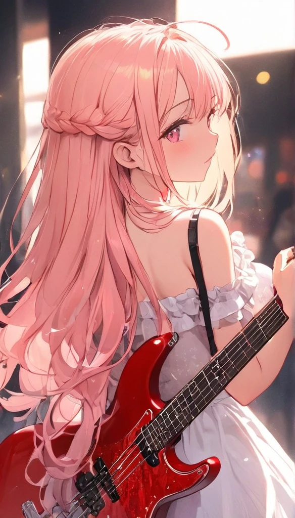 fashion portrait color photo playing electric bass, woman, from behind ...