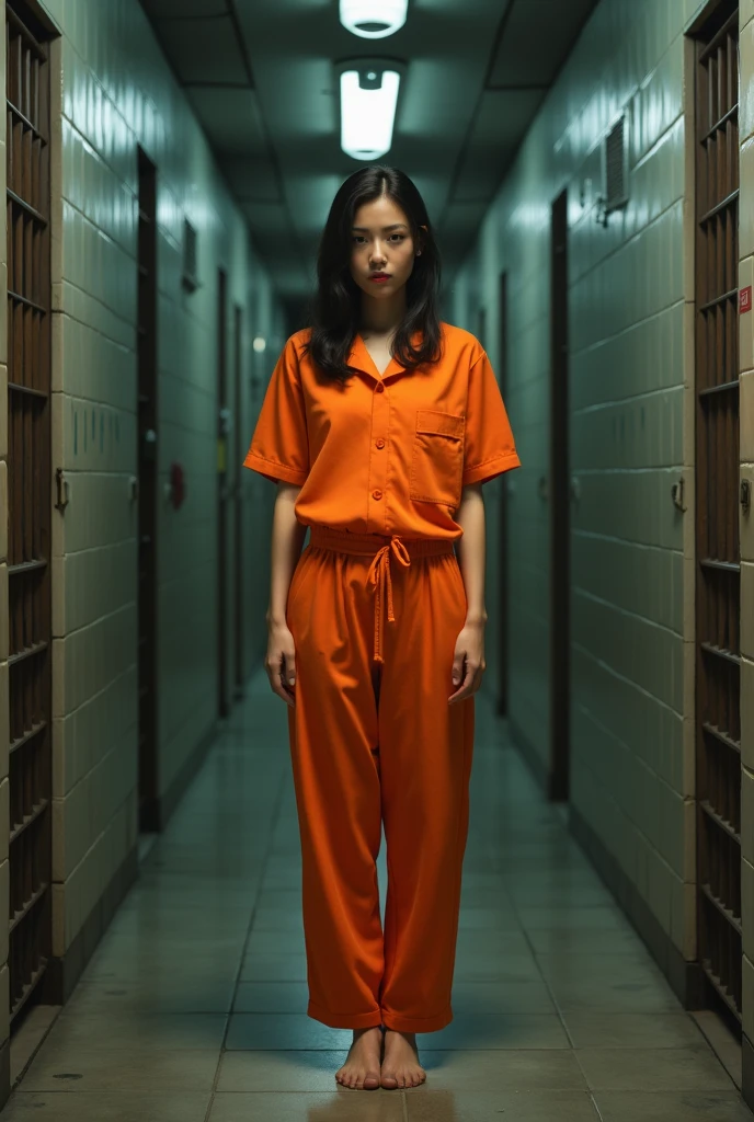 A beautiful Korean female prisoner is wearing an orange prison uniform ...