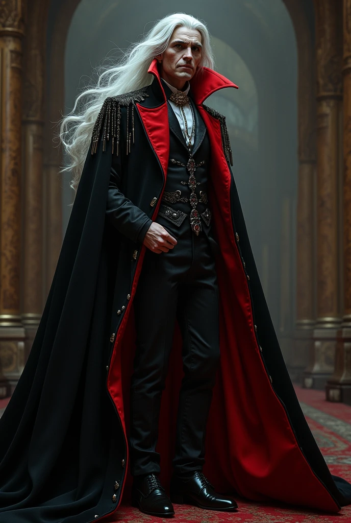 A great vampire, gray white hair , with a dark look, an elegant outfit ...