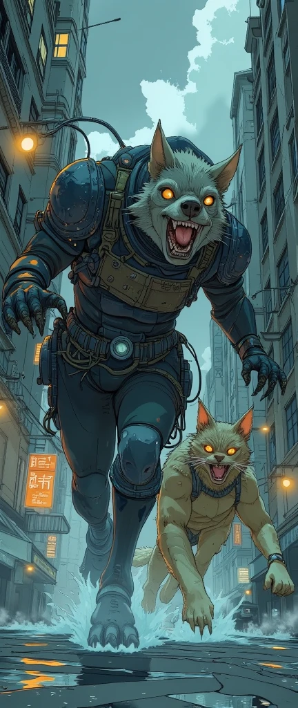 Some dogman runing behind a catman - SeaArt AI