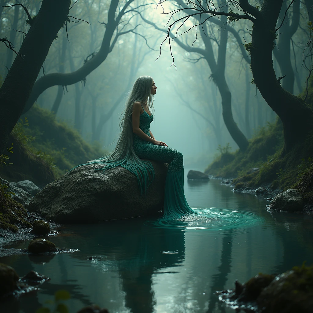 Old abandoned forest, swamp, a beautiful mermaid with long hair sits on ...