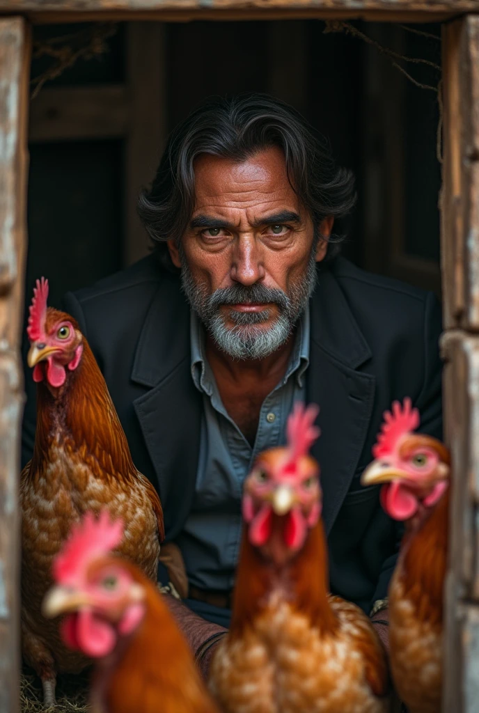I want Argentinian actor Gerardo Romano in a chicken coop - SeaArt AI