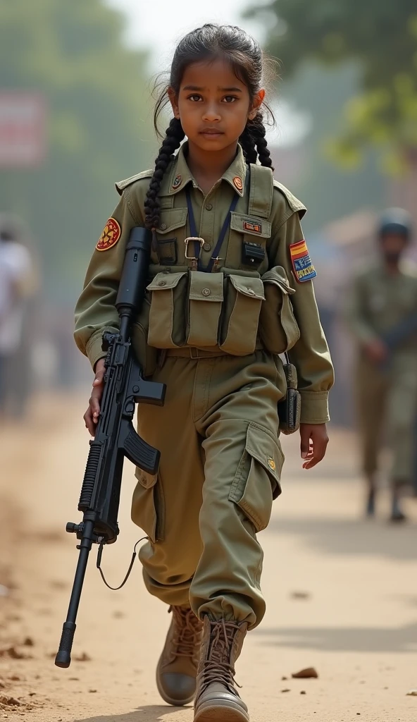 Indian girl in soldier outfit with sniper gun in hand walking on the ...