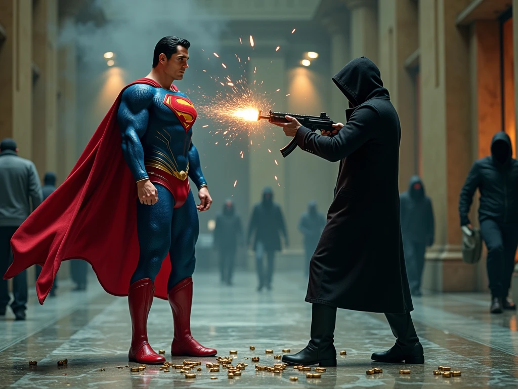 Superman shot by bank robber, invulnerability, bullets bouncing off ...