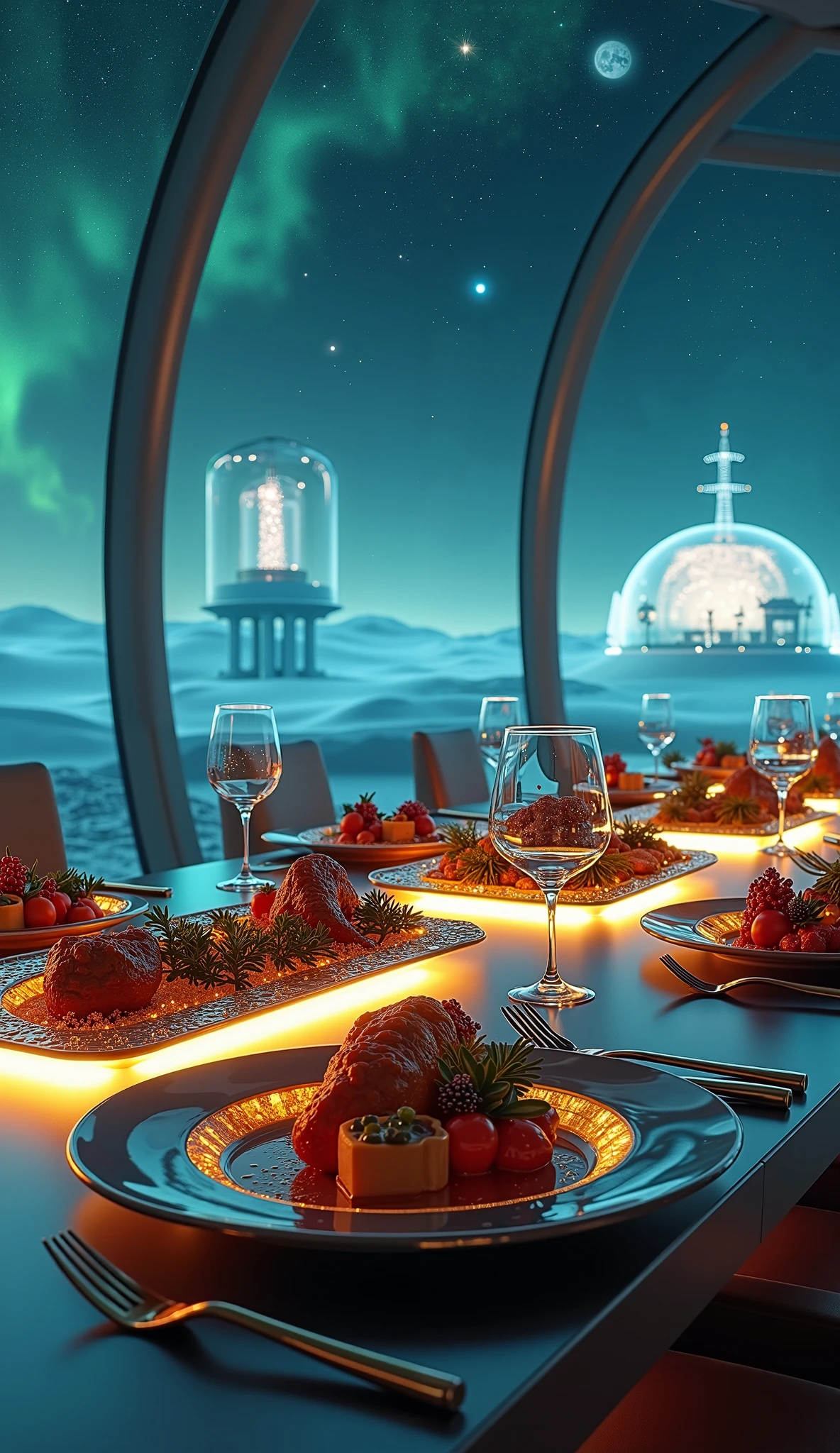 There is a long table with plates of food and glasses on it - SeaArt AI