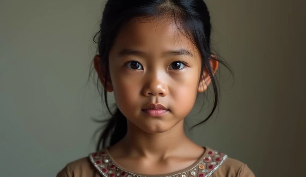 Photorealistic portrait of an Indonesian girl, with a serious ...