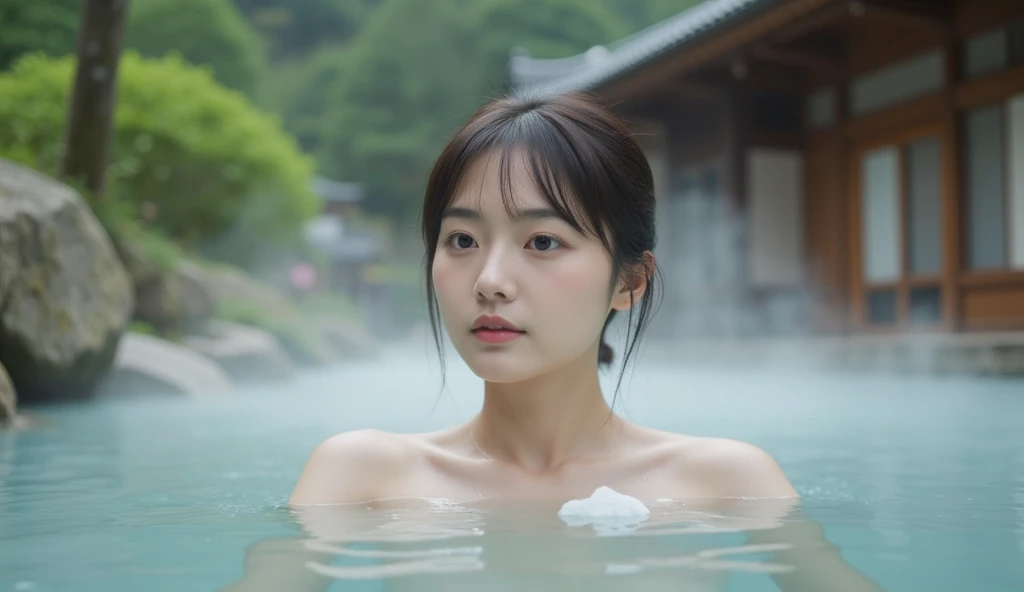 A young asian woman, soaking in an outdoor onsen ( Outdoor Bath - SeaArt AI