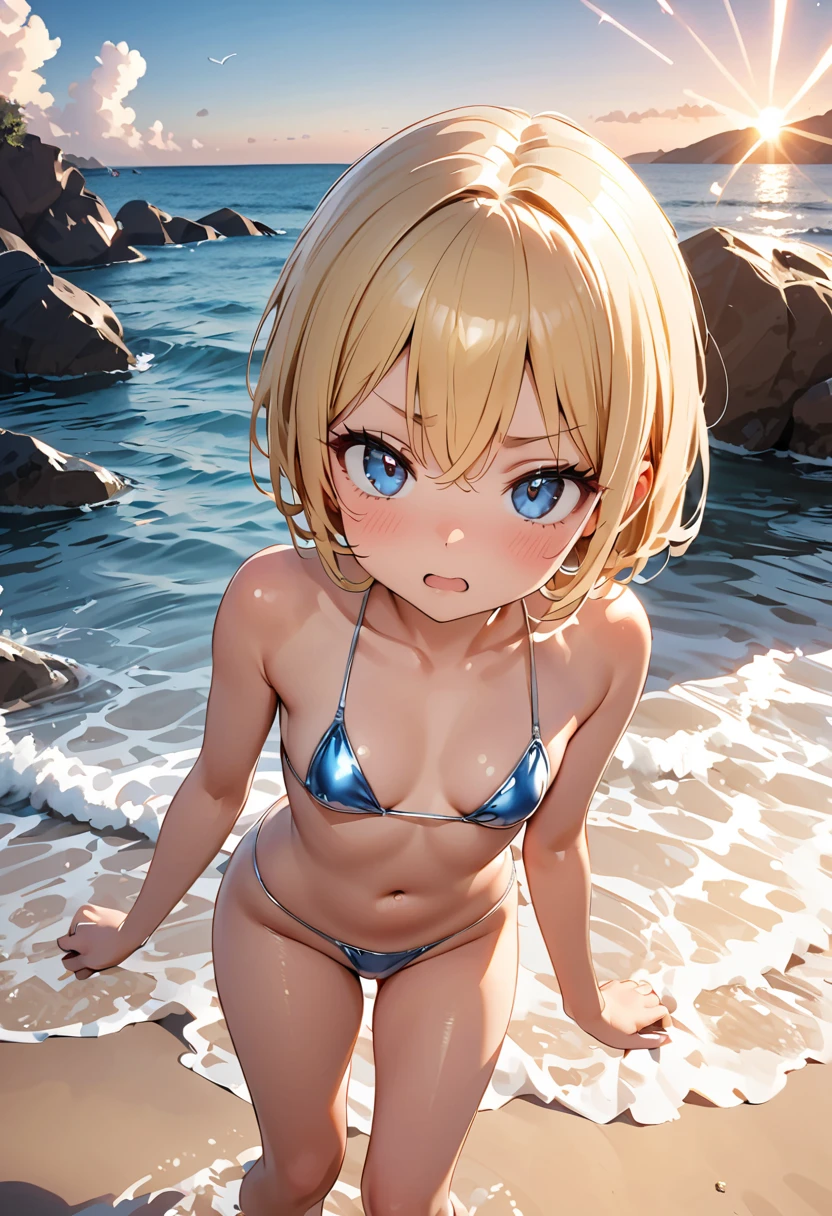 A petite, slender girl is wearing a blue metallic micro bikini - SeaArt AI