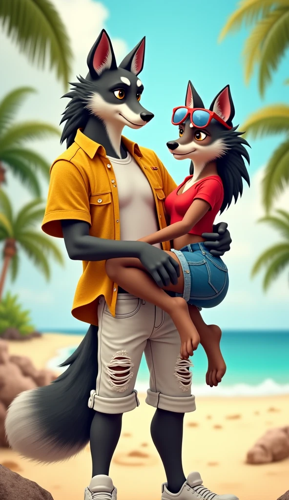 "Create an image of two anthropomorphic wolves in a tropical setting ...