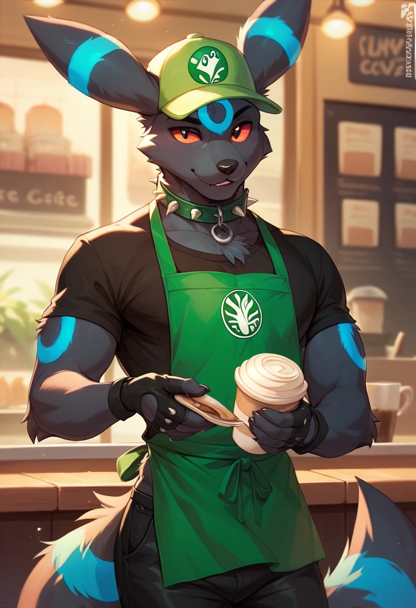 Solo male , furry, umbreon, in a café, wearing a black shirt and a ...