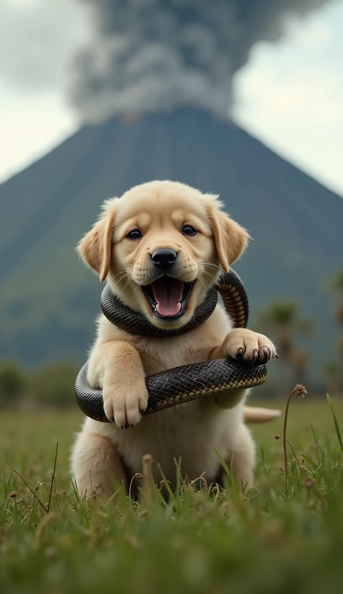 There is a dog that is holding a snake in its mouth - SeaArt AI