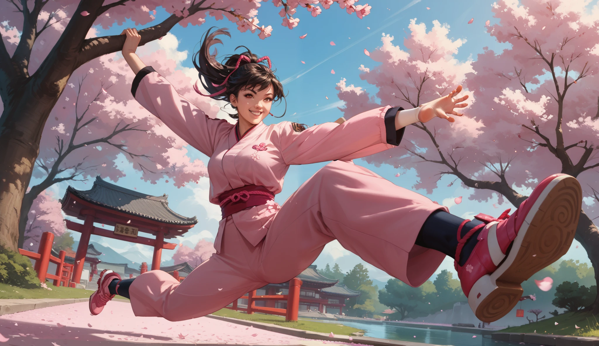 Anime girl in pink jumps in front of a cherry tree - SeaArt AI
