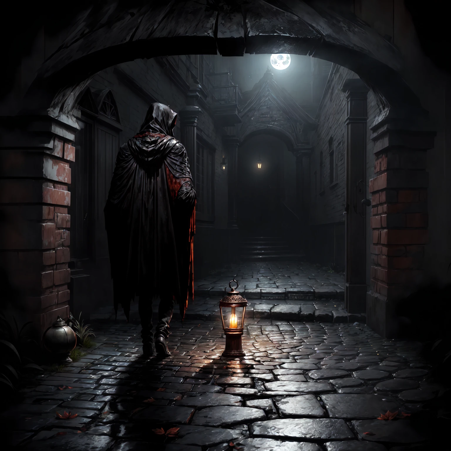 An eerie, shadowy creature in a tattered (red cloak), standing ...