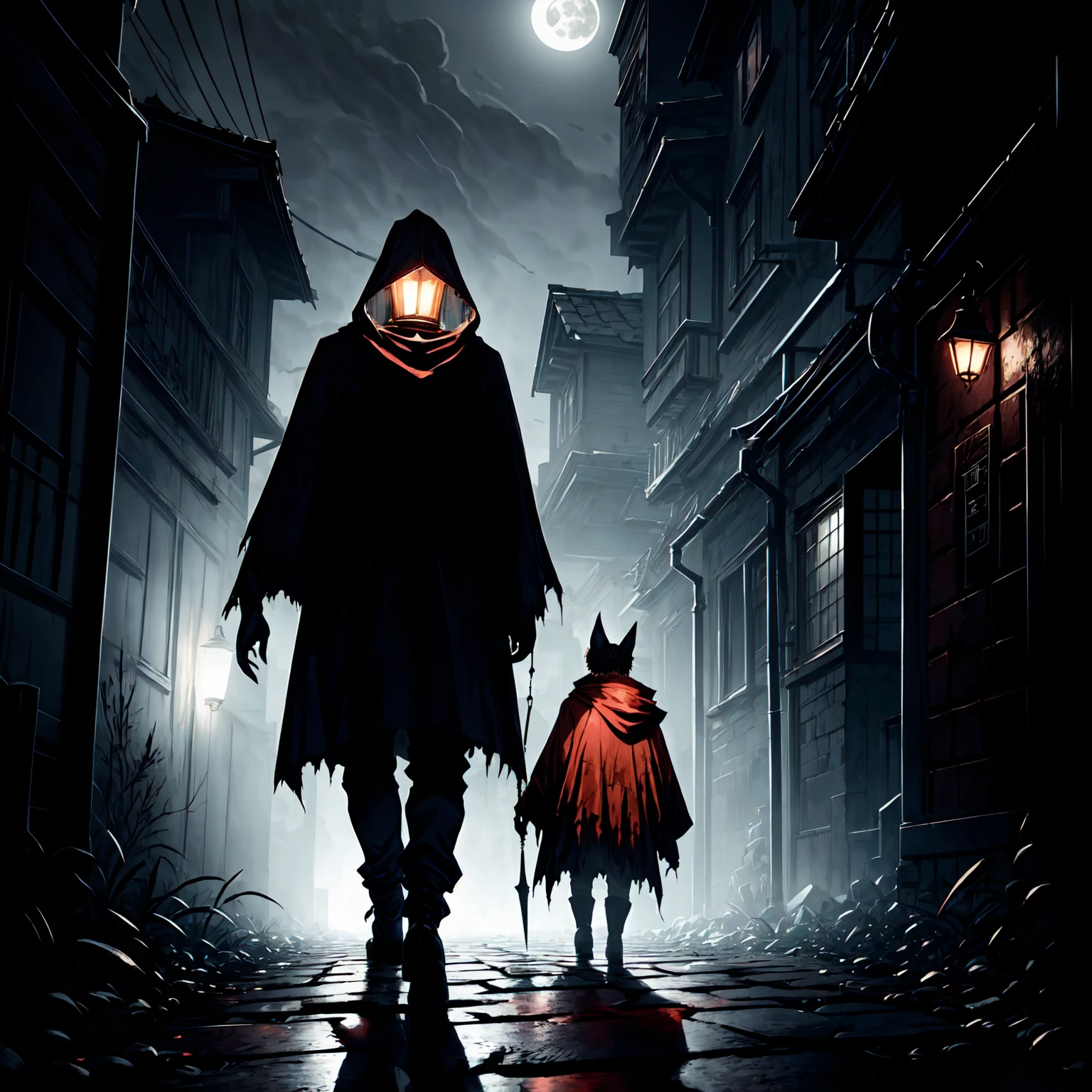 An eerie, shadowy creature in a tattered red cloak, standing menacingly ...