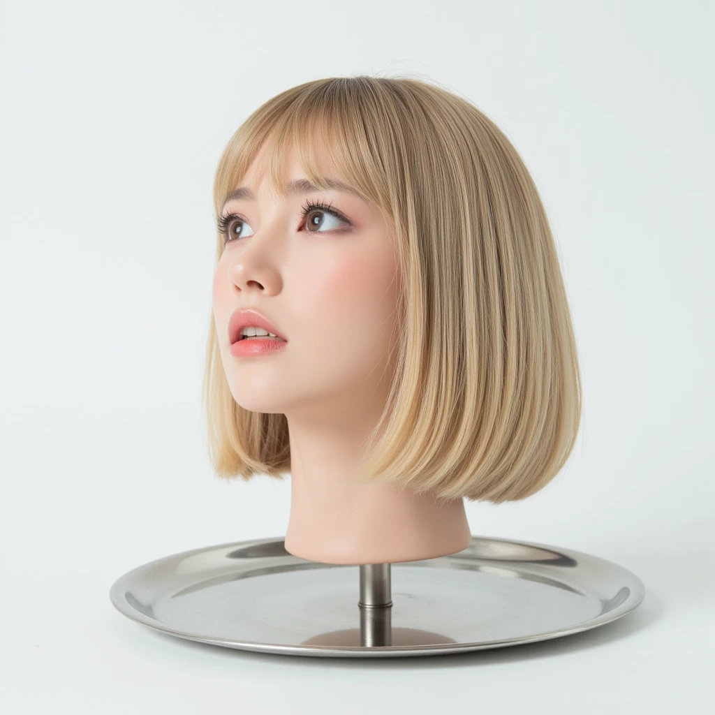 A beautiful 19 year old european woman's disembodied head in side view ...