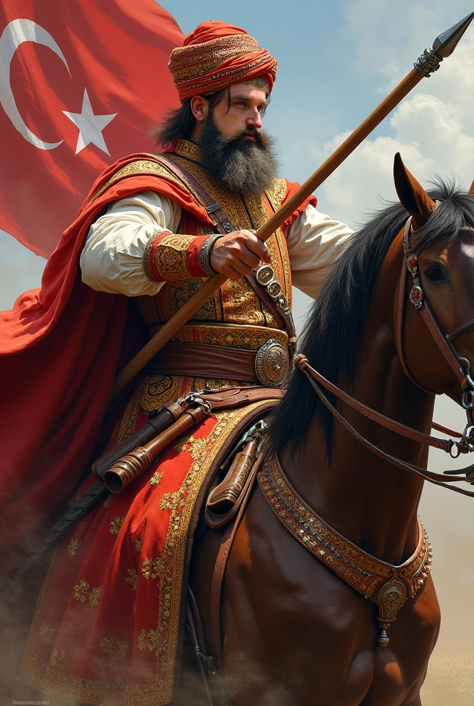 An Ottoman visier, with intricate turban, aggressive, fighting with ...