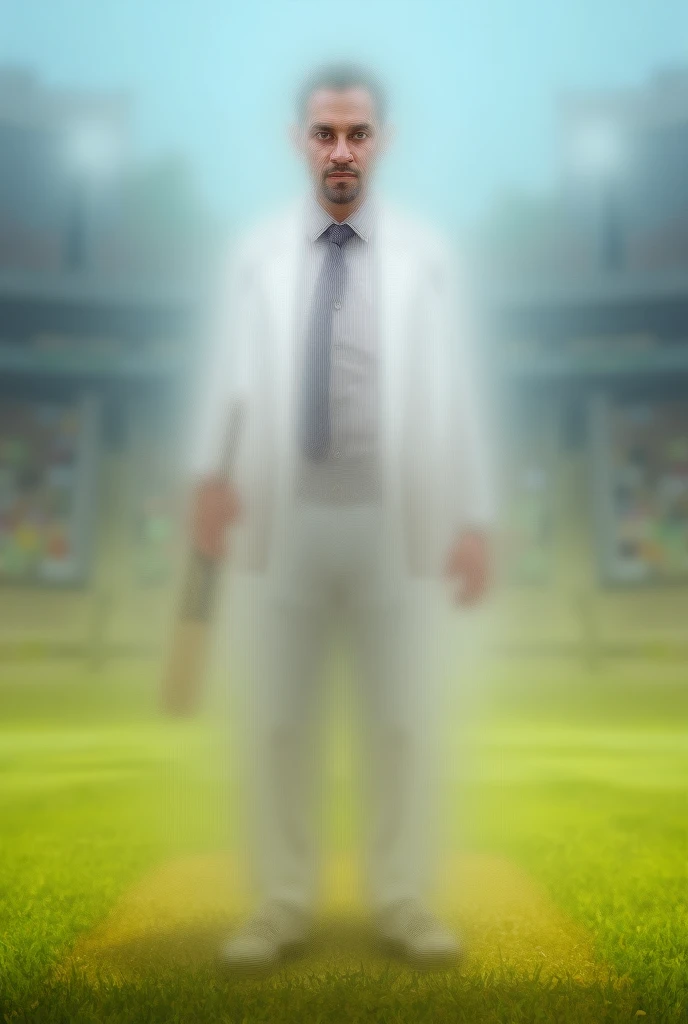A man wear the doctor suit in cricket stadium bat ball wicket pitch ...