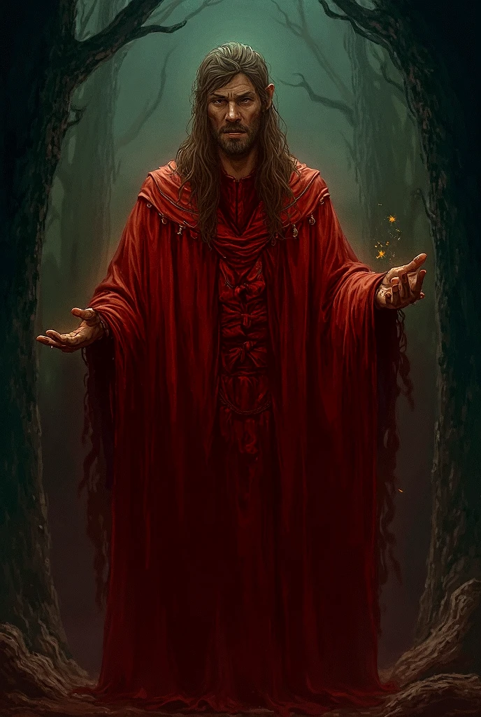 Forest elf male wizard, transmuter specialist, in red robes, not heavy ...