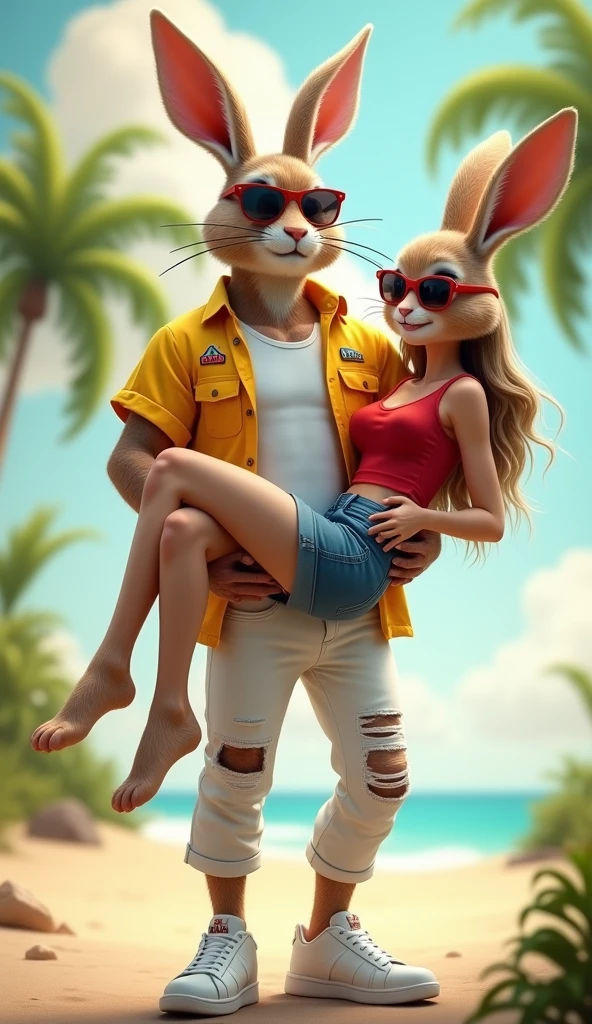 "Create an image of two anthropomorphic rabbits in a tropical setting ...