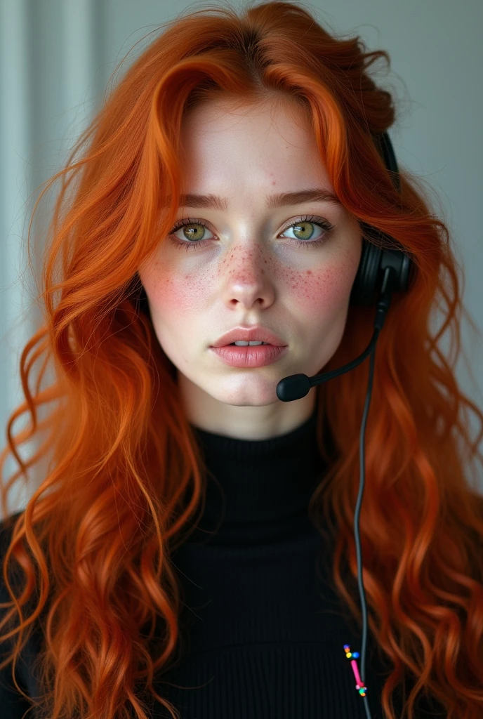 White adult woman, long curly red hair, slightly slanted green eyes ...