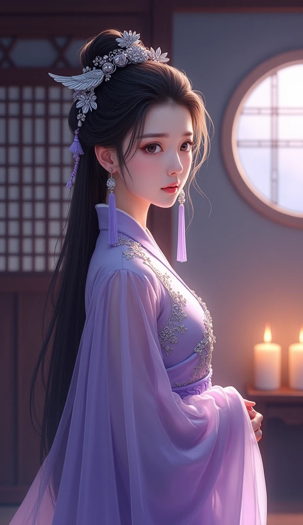 [A beautiful young woman, dressed in elegant, flowing purple and ...